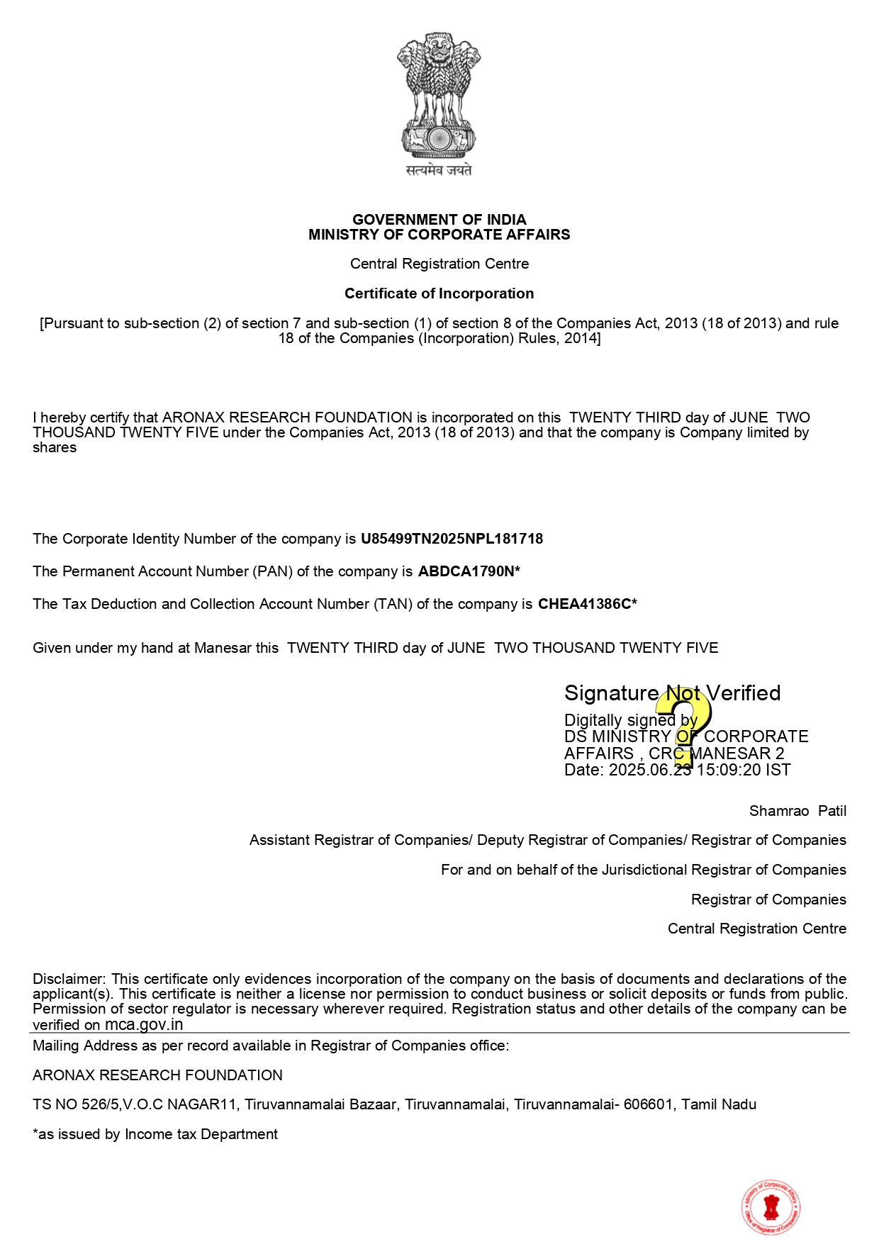 Certificates – Aronax Research Foundation